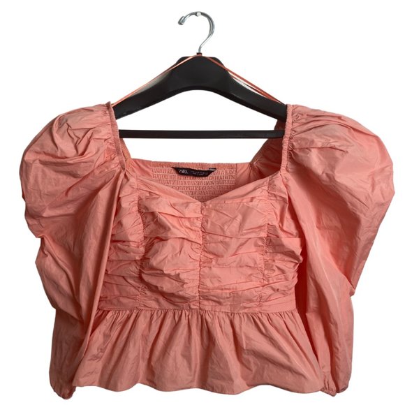 Zara | Tops | Zara Pink Coral Peplum Puff Sleeve Top Xss | Poshmark